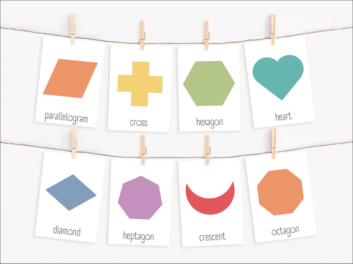 16 Printable Geometric Shapes Flashcards, Kids Rainbow 2D Shapes Cards ...