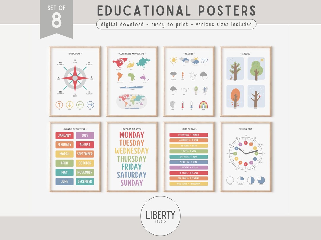 Rainbow Educational Poster Bundle Set of 8, Preschool Classroom Decor ...