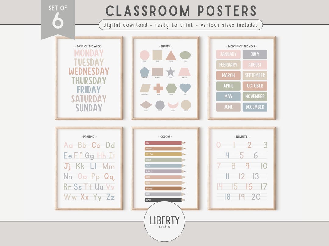 Set of 6 Boho Educational Posters, Pastel Preschool Classroom Decor ...