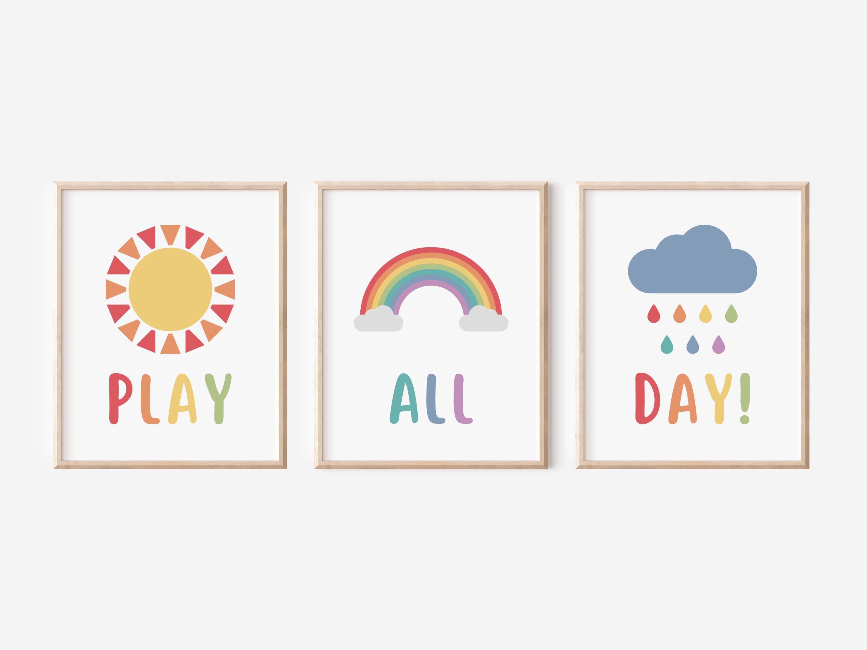 Play All Day Poster Set of 3, Let's Play Nursery Decor, Rainbow ...