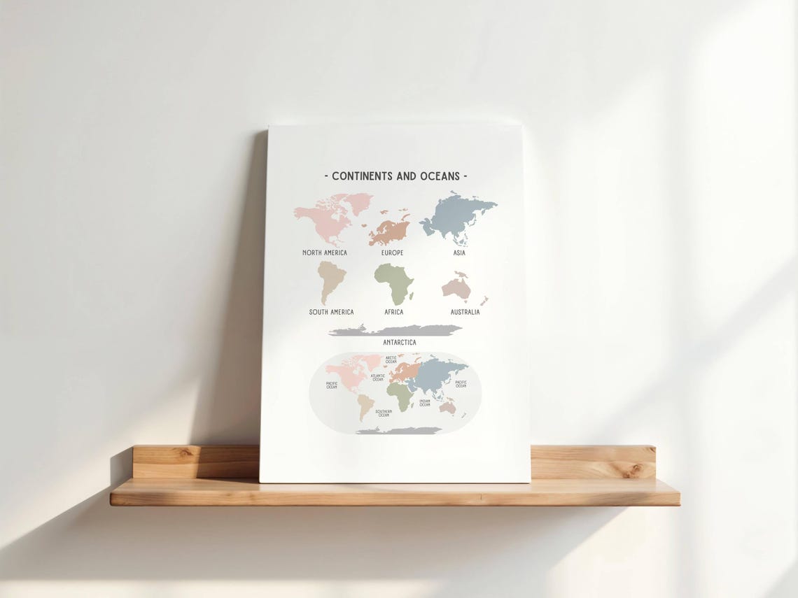 Continents Geography Pastel Poster, World Map Educational Wall Art ...