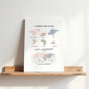 Continents Geography Pastel Poster, World Map Educational Wall Art ...