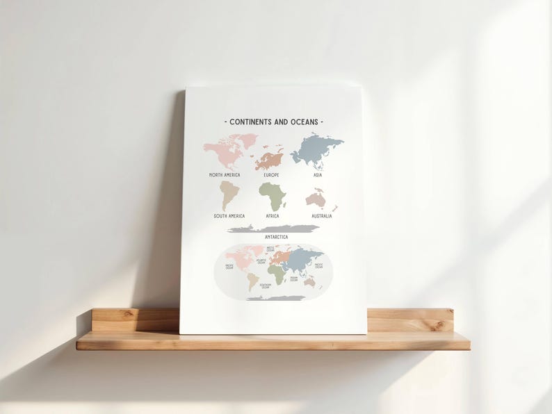 Continents Geography Pastel Poster, World Map Educational Wall Art ...