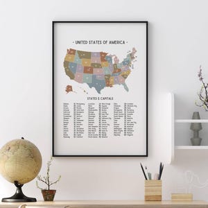 USA Map Educational Poster, Muted Rainbow United States Map, States and ...