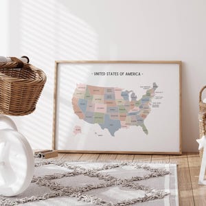 USA Map Pastel Print, Educational Wall Art, American Geography ...