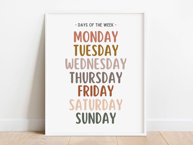 Neutral Days of the Week Print, Educational Poster, Homeschool ...