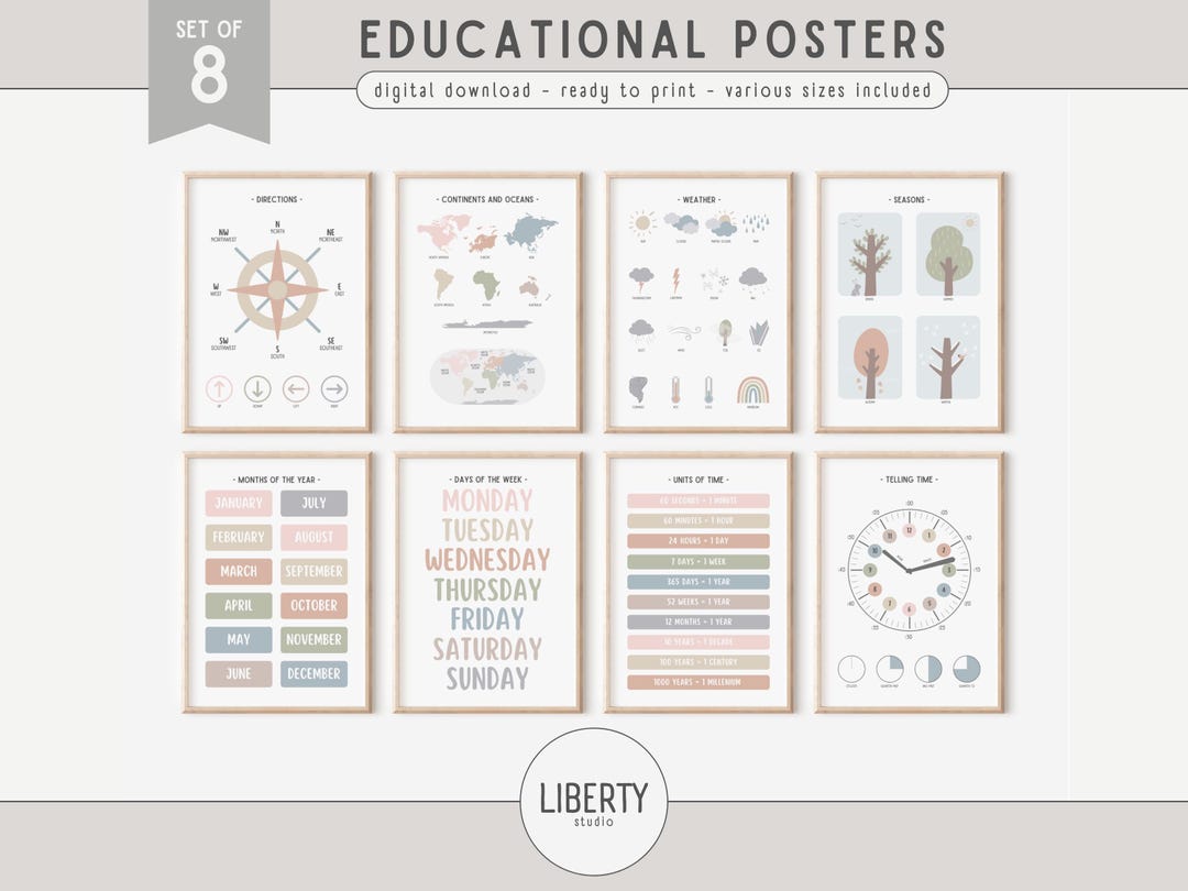 Pastel Educational Poster Bundle Set of 8, Boho Preschool Classroom ...