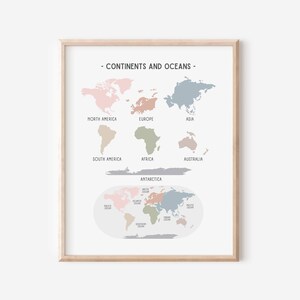Continents Geography Pastel Poster, World Map Educational Wall Art ...