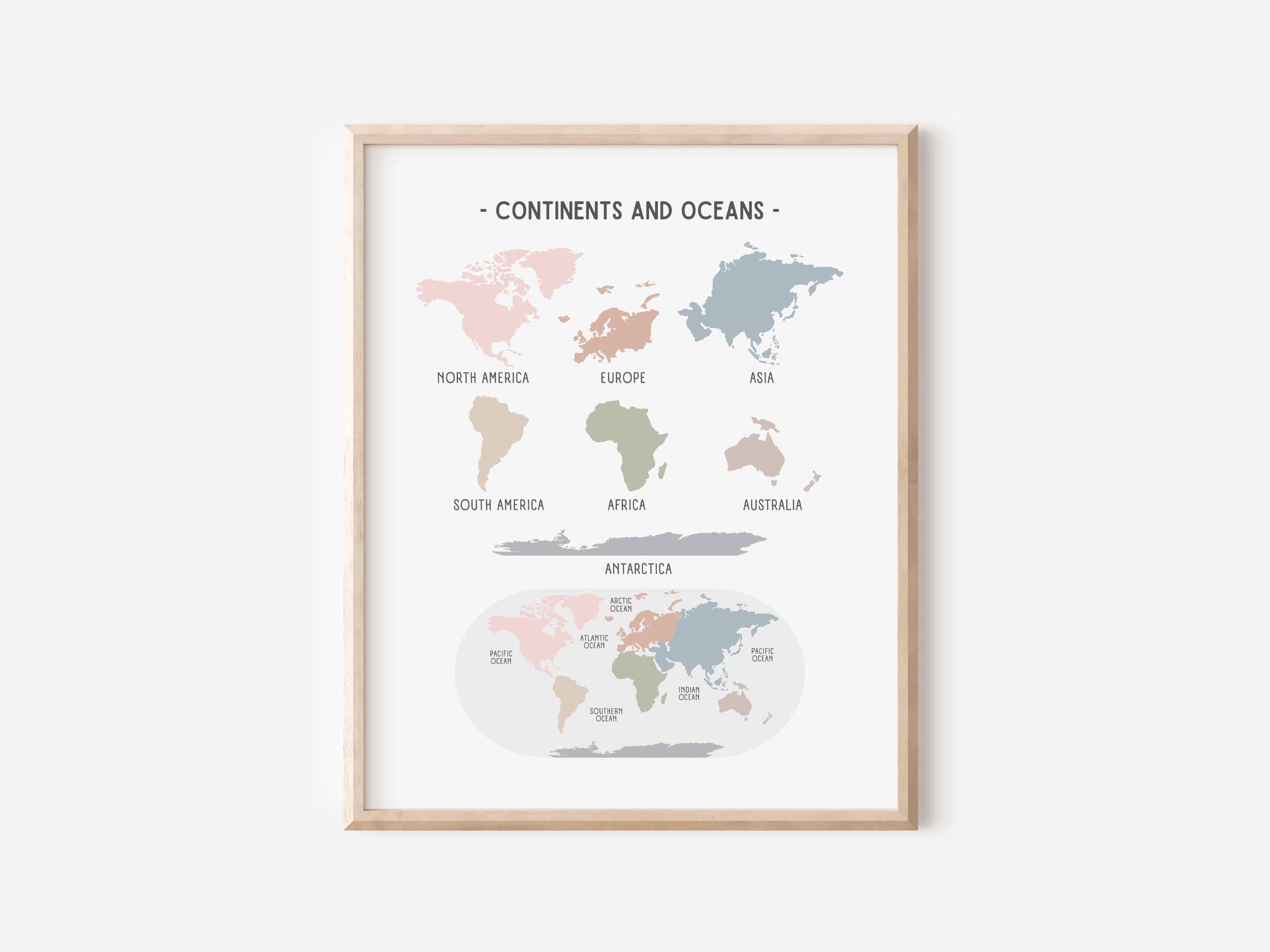 Continents Geography Pastel Poster, World Map Educational Wall Art ...