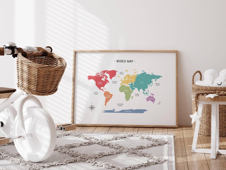 World Map Rainbow Print, Kids Educational Wall Art, Continents ...