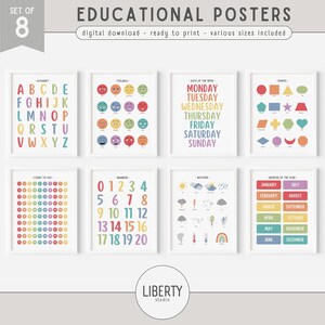Set of 8 Educational Poster Bundle, Rainbow Preschool Classroom Prints ...