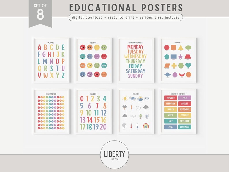 Set of 8 Educational Poster Bundle, Rainbow Preschool Classroom Prints ...