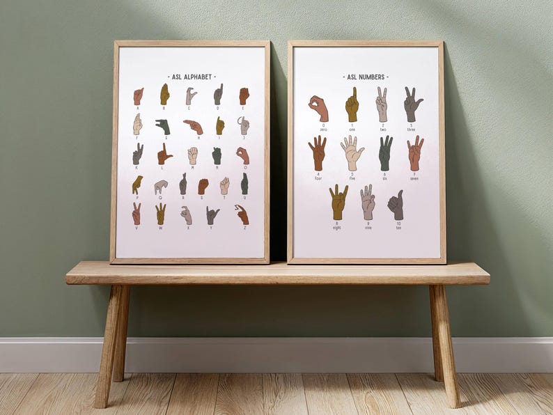 Set of 2 ASL Sign Language Alphabet Numbers Neutral Posters ...