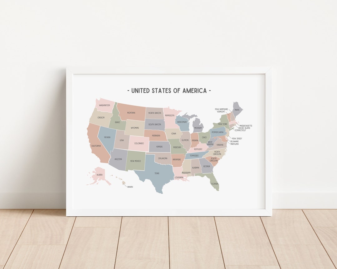 USA Map Pastel Print, Educational Wall Art, American Geography ...