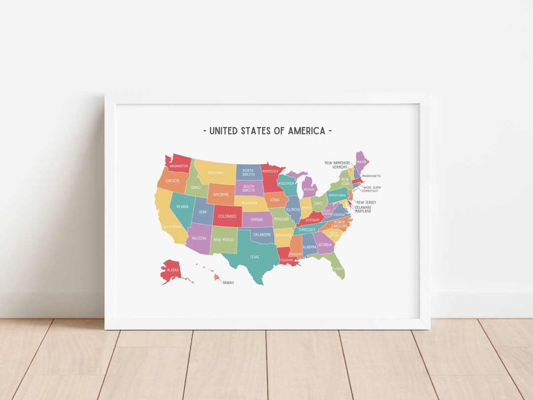 USA Map Rainbow Print, Educational Wall Art, Geography Homeschool ...