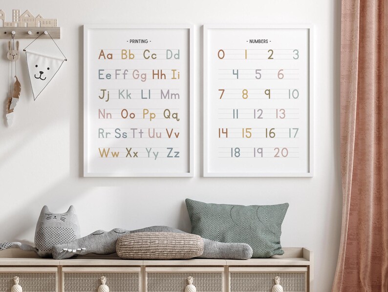 Set of 2 Handwriting Charts Alphabet Numbers Muted Rainbow Posters ...