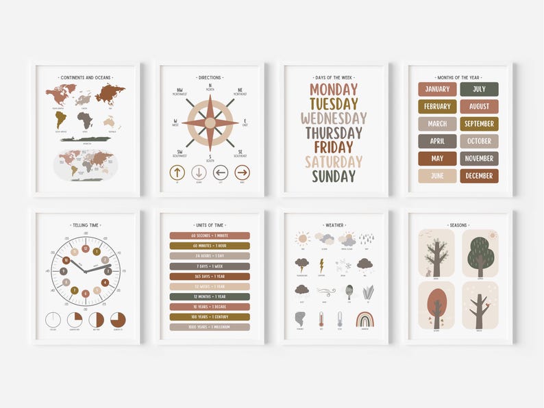 Boho Educational Poster Bundle Set of 8, Neutral Preschool Classroom ...