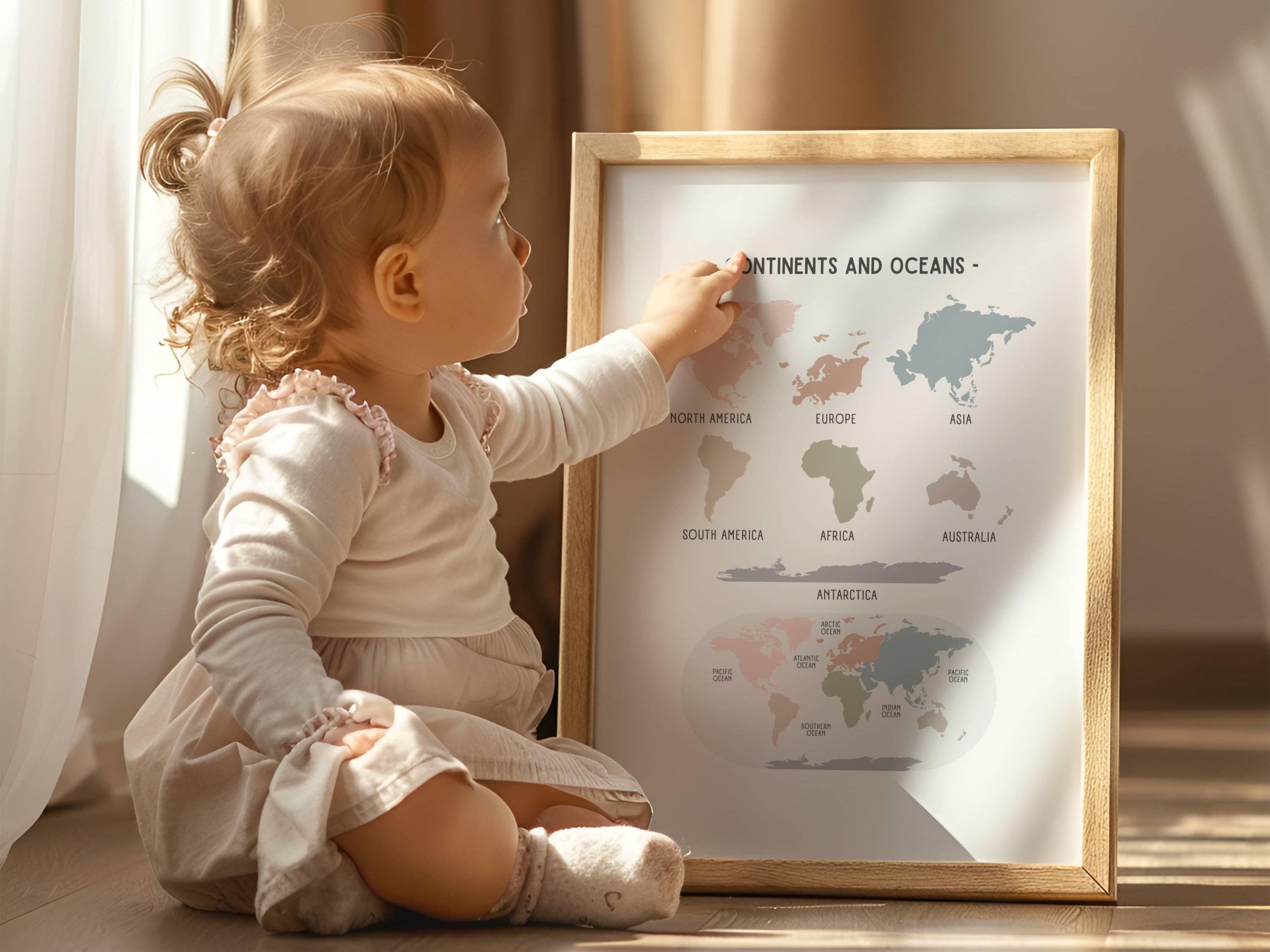 Continents Geography Pastel Poster, World Map Educational Wall Art ...