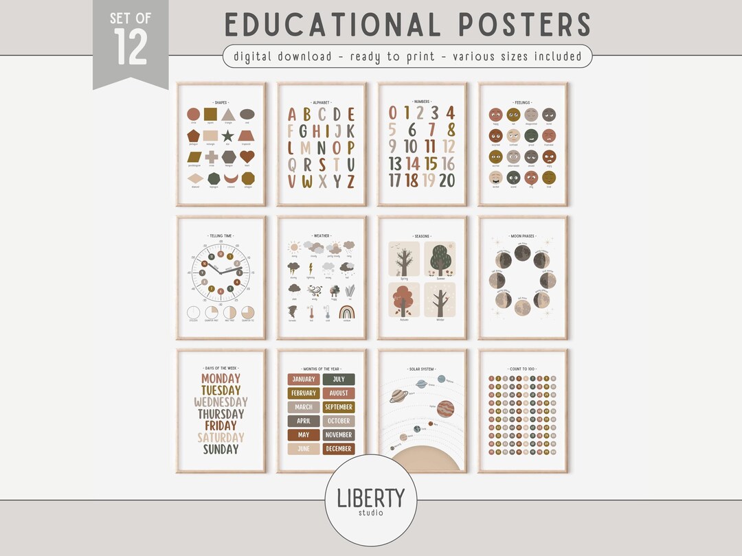 Set of 12 Neutral Boho Educational Posters, Toddler Preschool Classroom ...