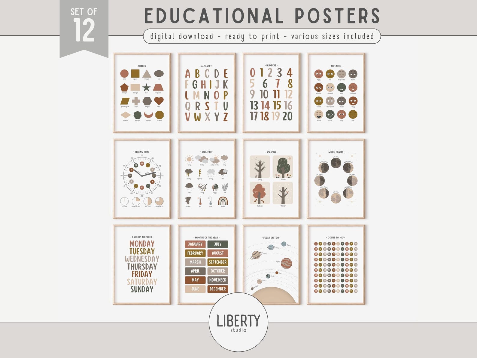 Set of 12 Neutral Boho Educational Posters, Toddler Preschool Classroom ...
