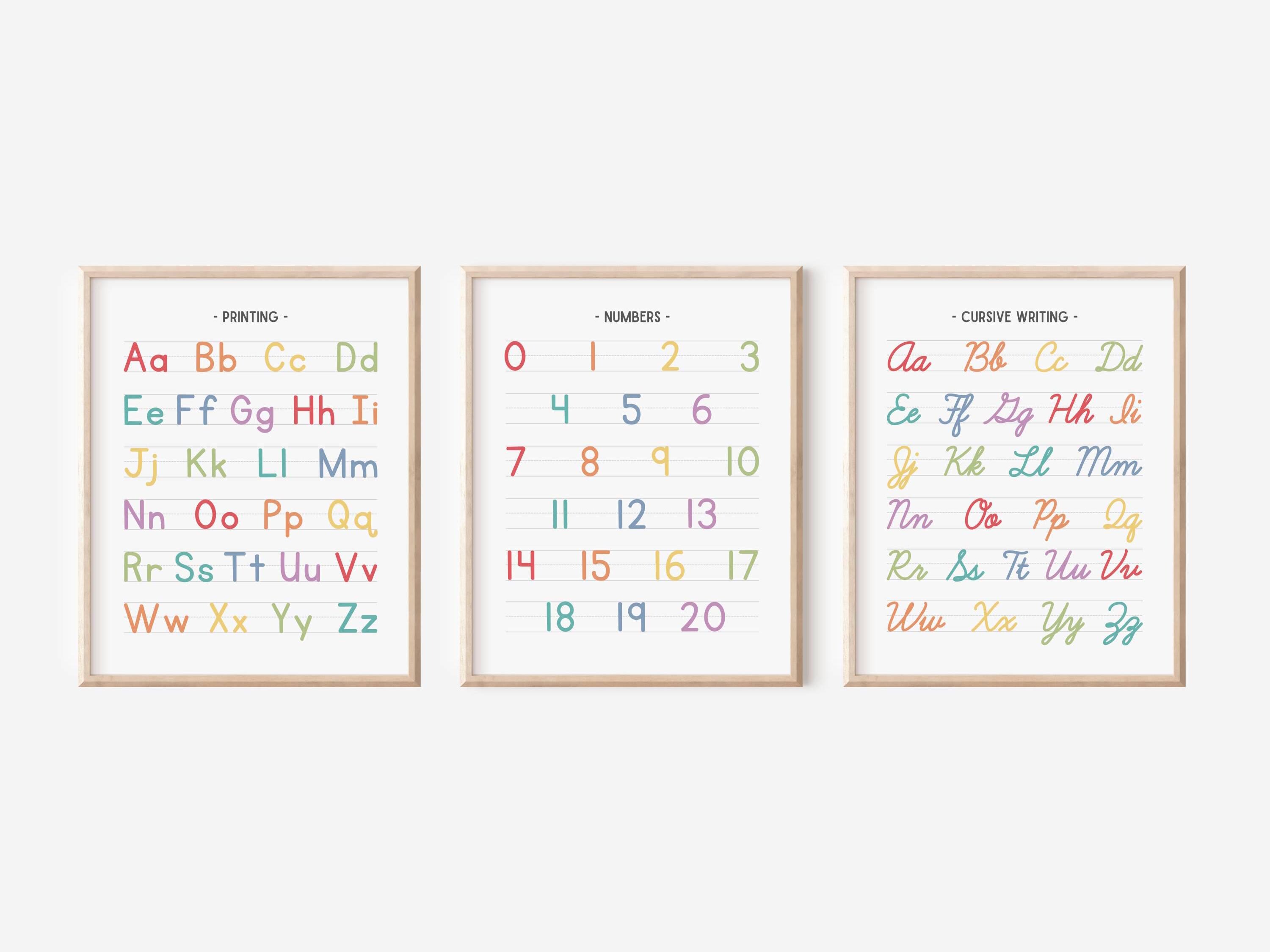 Set of 3 Alphabet Numbers Rainbow Posters, Handwriting Chart ...