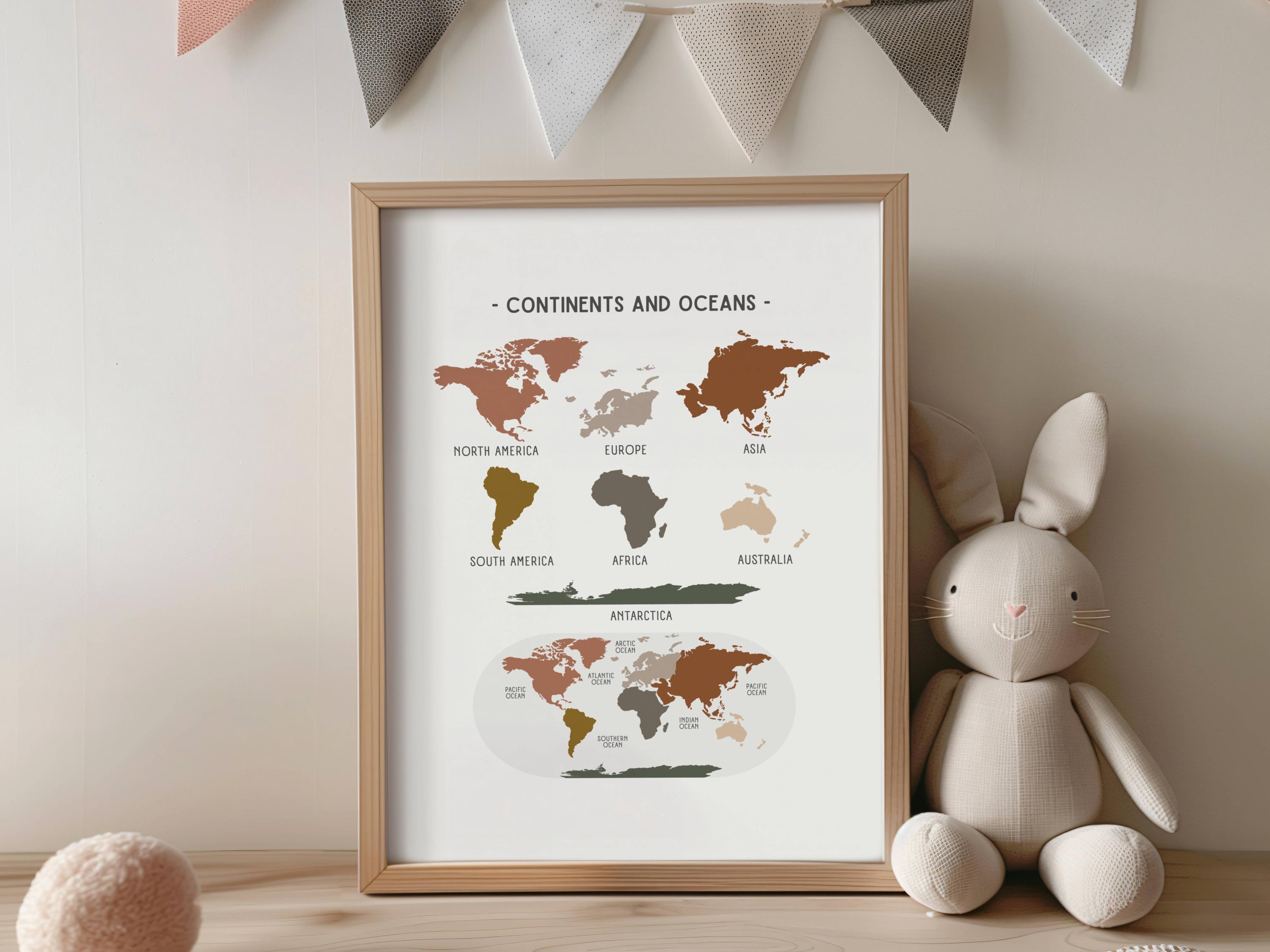 Neutral Continents Geography Poster, World Map Educational Poster ...