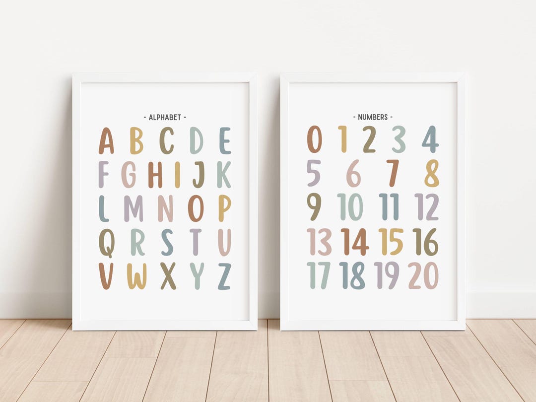 Set of 2 Muted Rainbow Alphabet and Numbers Educational Posters ...