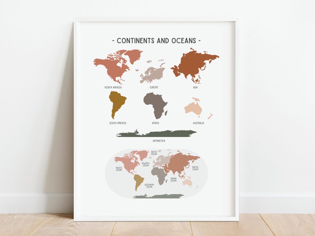 Continents Geography Neutral Poster, World Map Educational Wall Art ...
