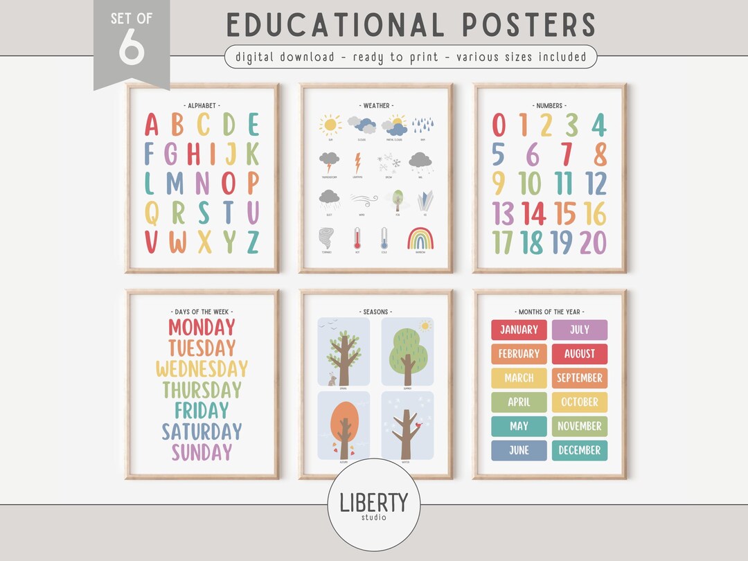 Set of 6 Educational Rainbow Posters, ABC Numbers Days Months Weather ...