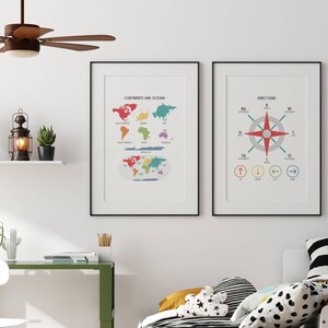 Set of 2 Rainbow Geography Educational Posters, Continents Directions ...