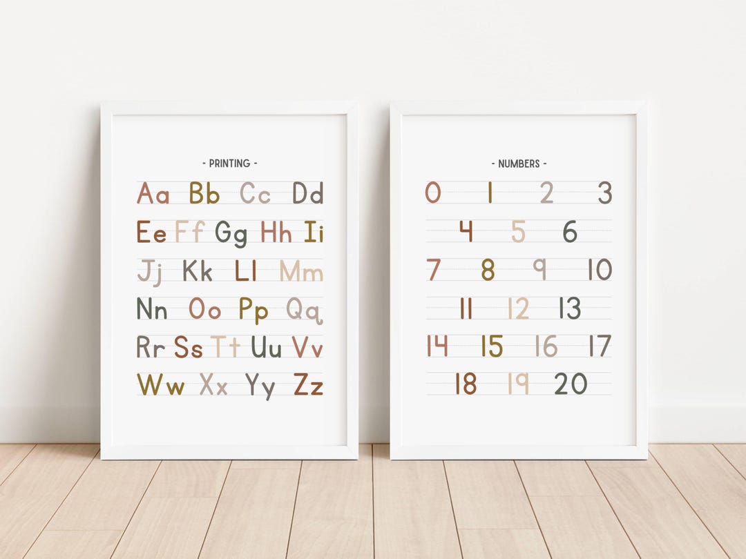 Set of 2 Neutral Handwriting Posters, Alphabet Numbers Educational ...