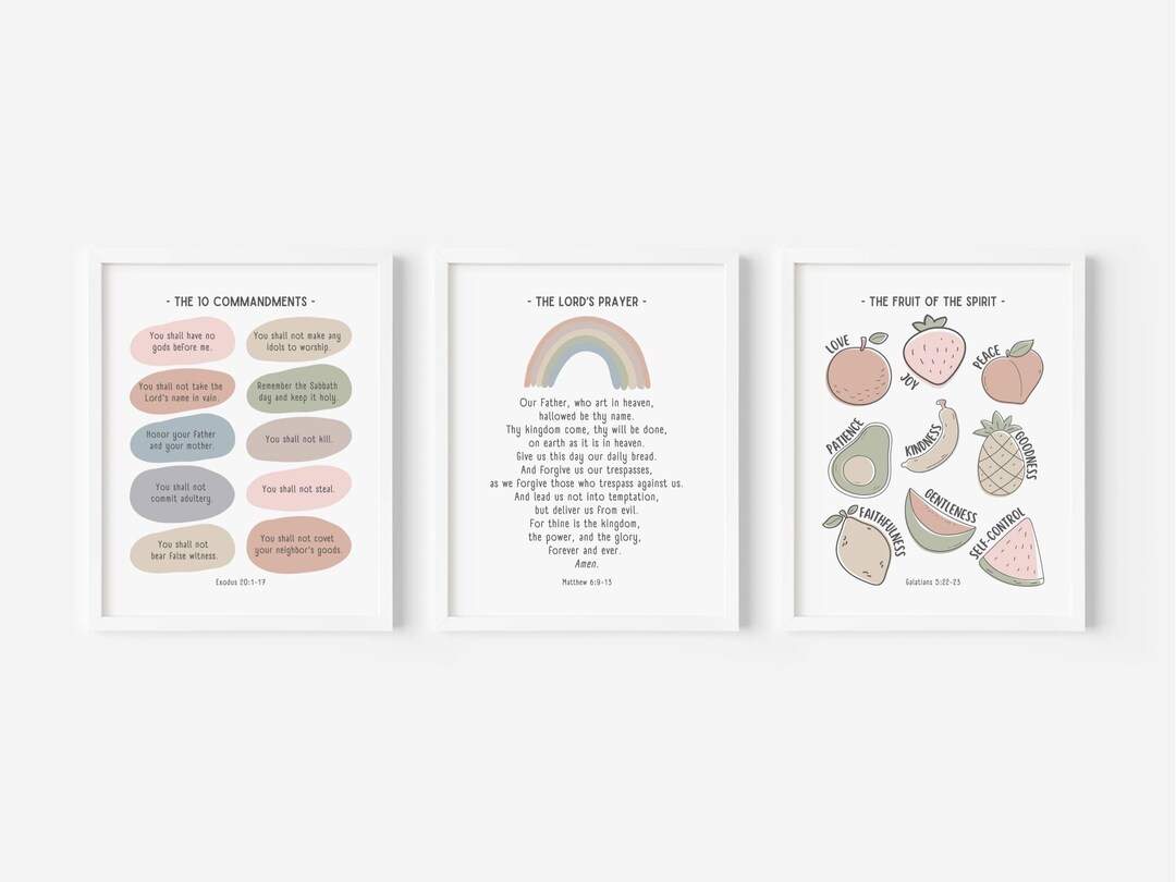Set of 3 Pastel Christian Posters for Kids, 10 Commandments, Fruit of ...