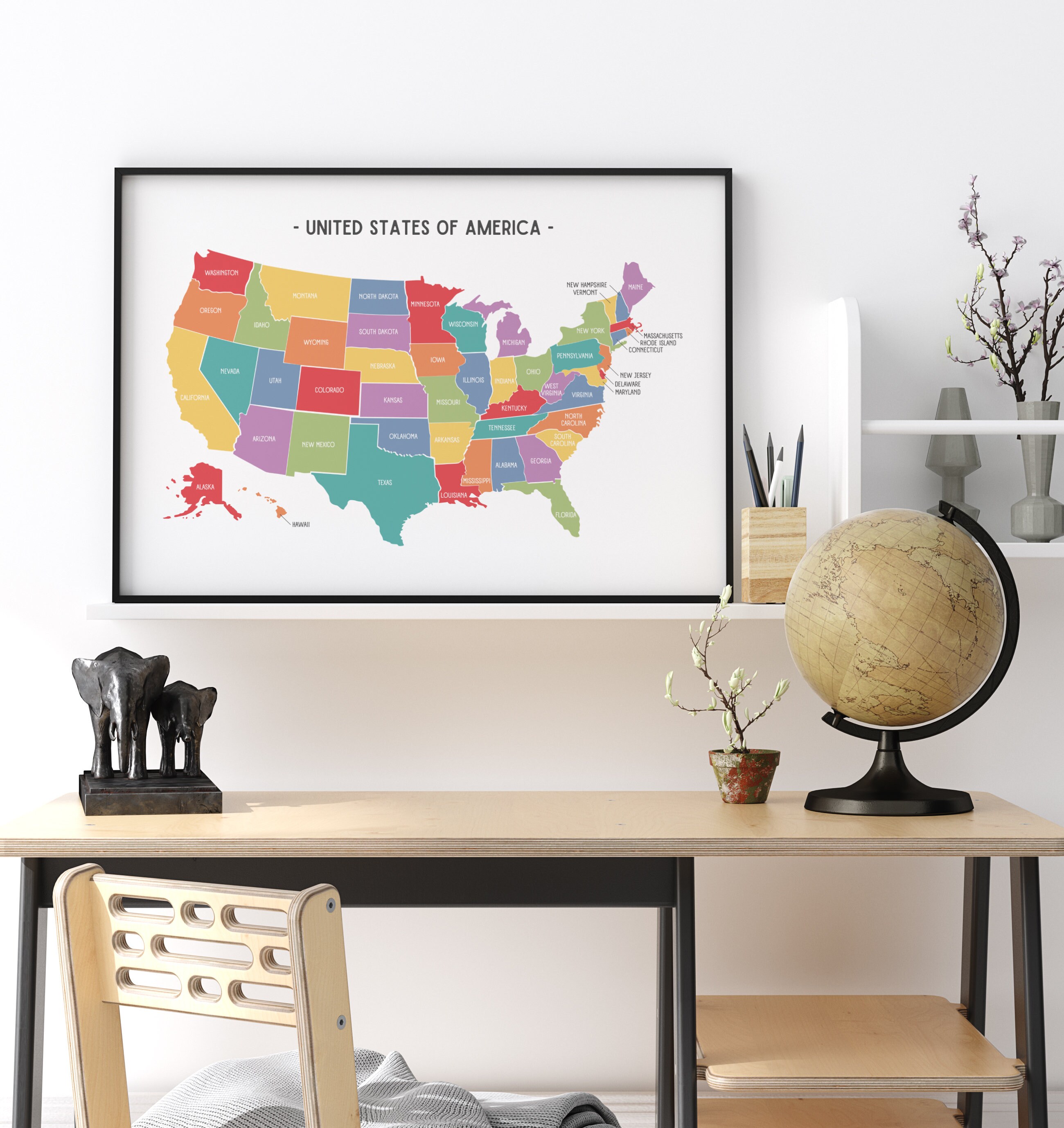 USA Map Rainbow Print, Educational Wall Art, Geography Homeschool ...