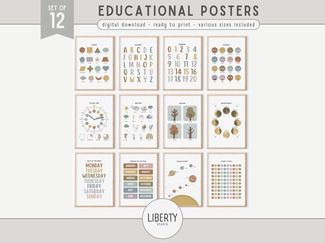 Set of 12 Boho Muted Rainbow Educational Posters, Toddler Preschool ...