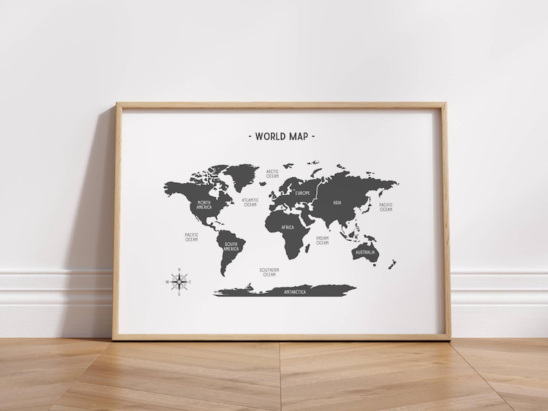 Black and White World Map Poster, Geography Educational Poster ...