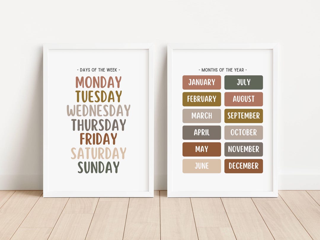 Set of 2 Neutral Days of the Week and Months Posters, Homeschool ...