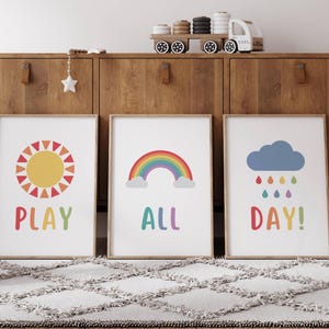 Play All Day Poster Set of 3, Let's Play Nursery Decor, Rainbow ...