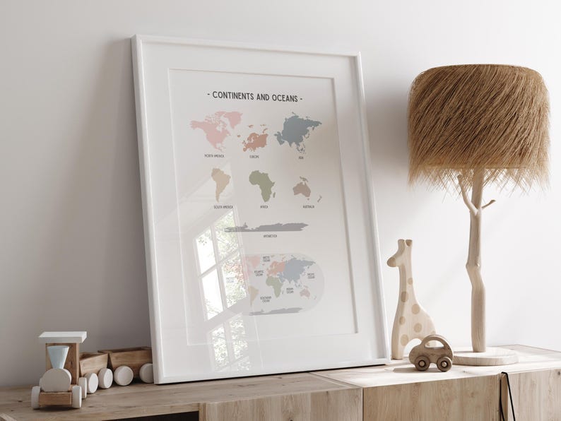 Continents Geography Pastel Poster, World Map Educational Wall Art ...