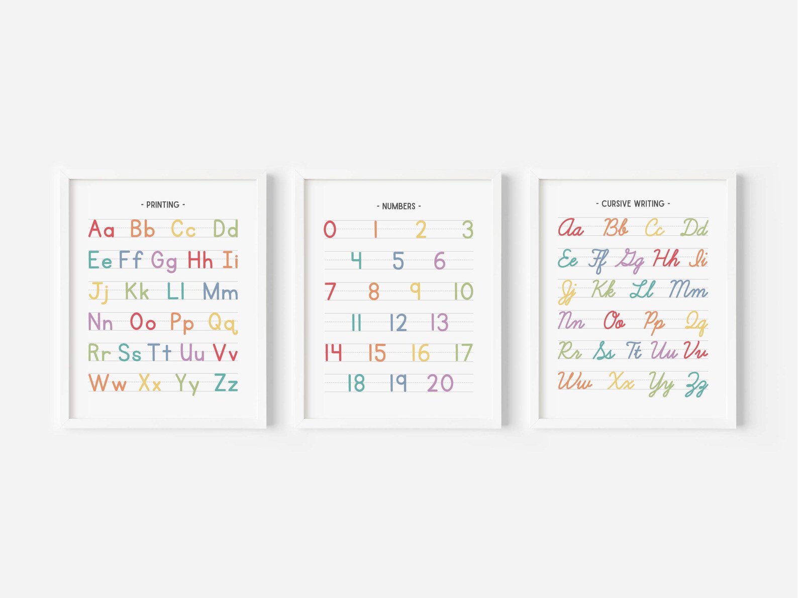 Set of 3 Alphabet Numbers Rainbow Posters, Handwriting Chart ...