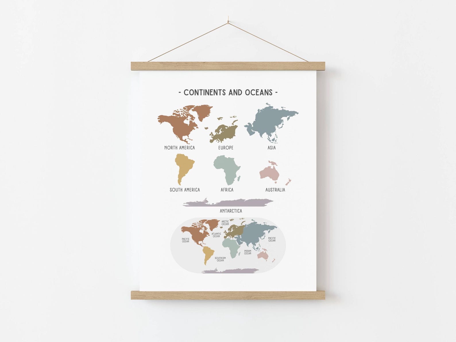 Continents Geography Muted Rainbow Poster, World Map Educational Wall ...