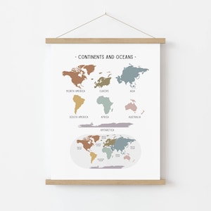 Continents Geography Muted Rainbow Poster, World Map Educational Wall ...