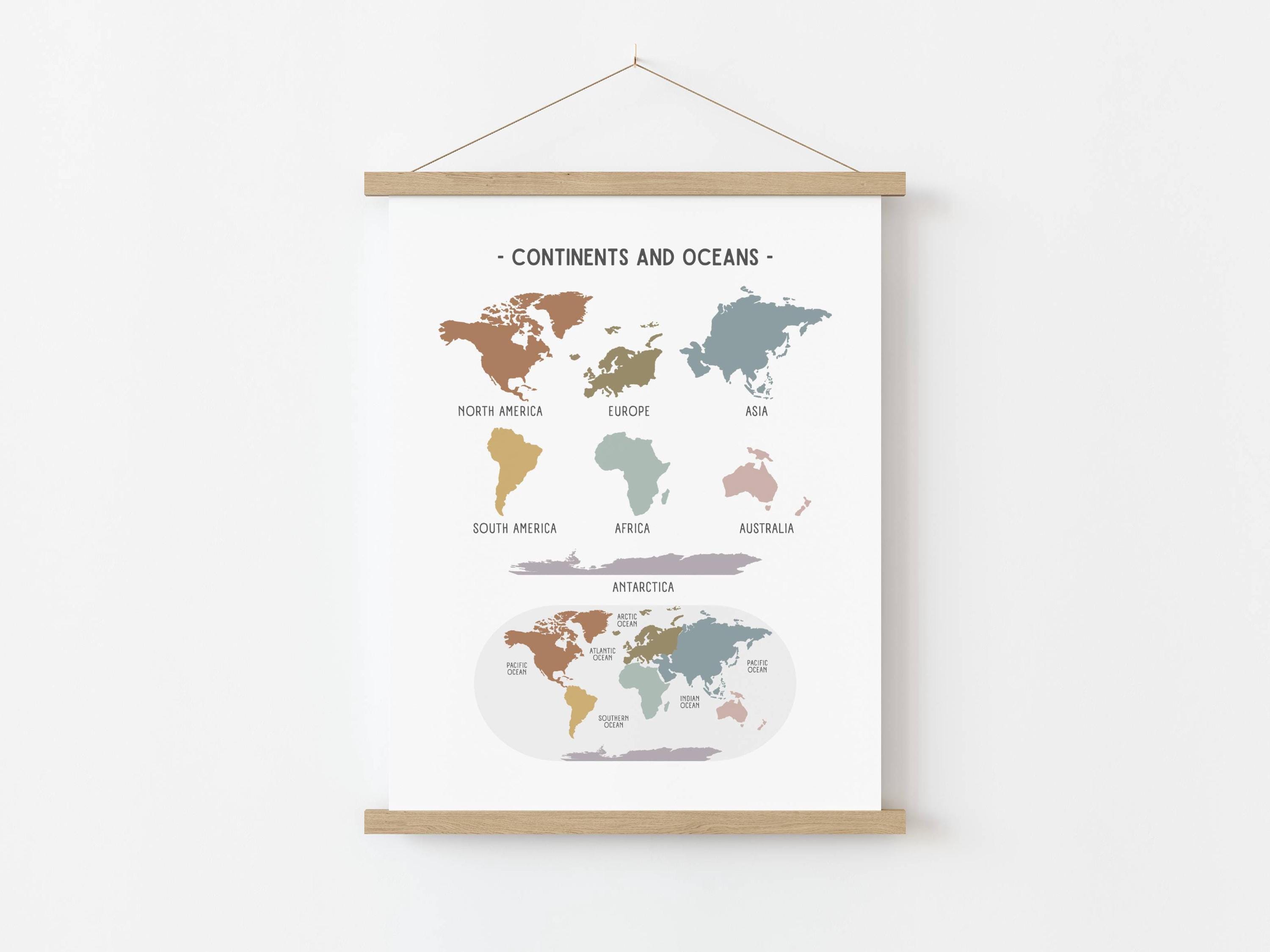 Continents Geography Muted Rainbow Poster, World Map Educational Wall ...
