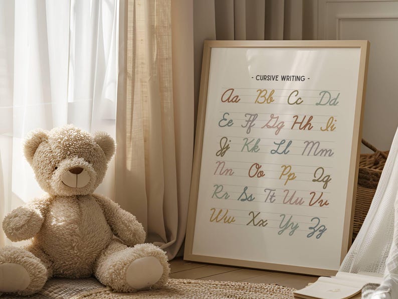Cursive Writing Alphabet Chart Muted Rainbow Poster, Abcs Educational ...