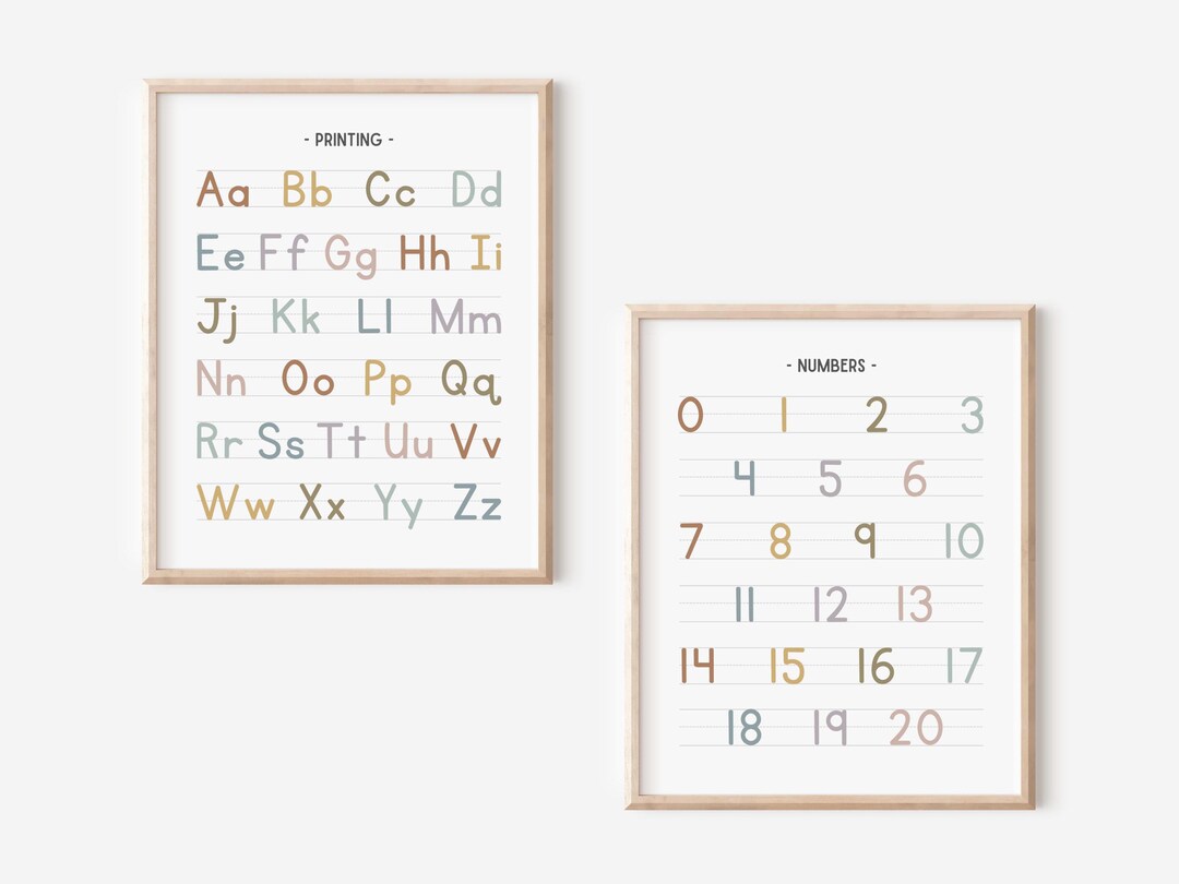 Set of 2 Handwriting Charts Alphabet Numbers Muted Rainbow Posters ...