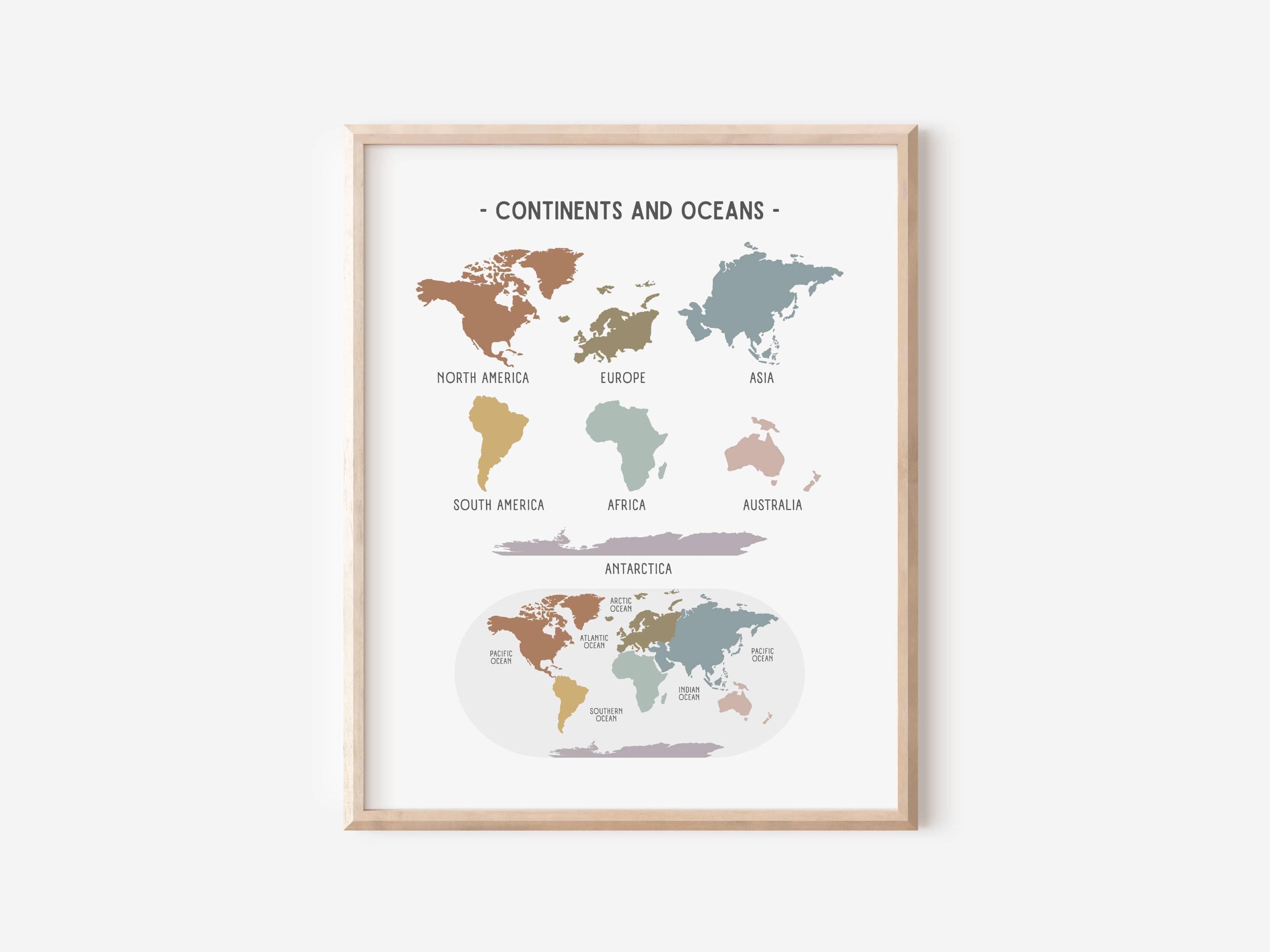 Continents Geography Muted Rainbow Poster, World Map Educational Wall ...