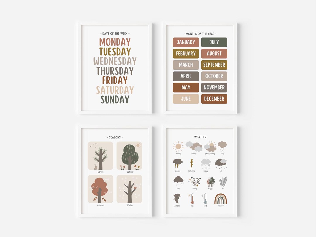Set of 4 Neutral Educational Wall Art Posters, Days Months Weather ...