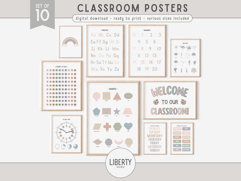 Set of 10 Educational Posters Bundle, Pastel Preschool Classroom Prints ...
