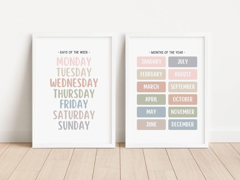 Set of 2 Pastel Days of the Week and Months Posters, Homeschool ...