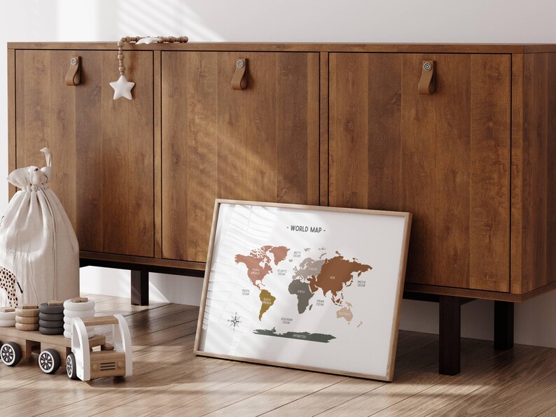 World Map Neutral Print, Educational Wall Art, Geography Homeschool ...