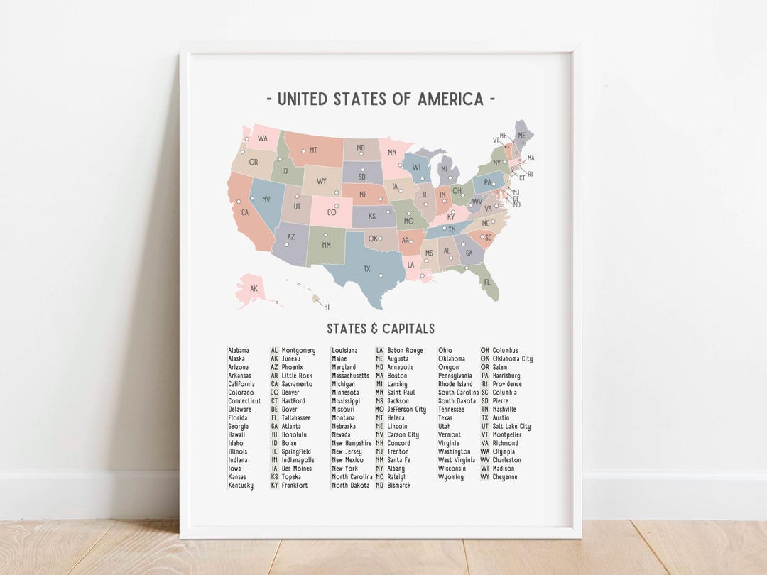 USA Map Educational Poster, Pastel United States Map, Homeschool States ...